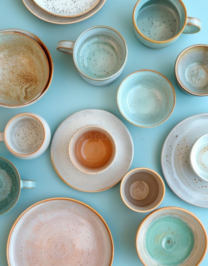 Assorted Ceramic Plates and Cups in Pastel Colors on a Blue Background ...