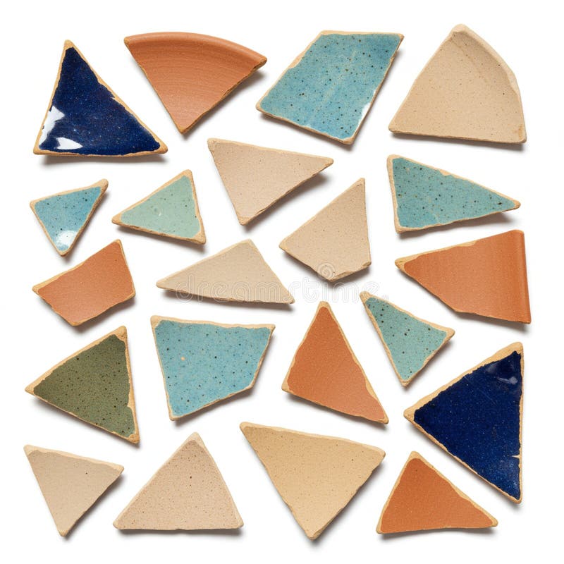 Assorted Ceramic Shards Arranged on a White Background. the Pieces are ...