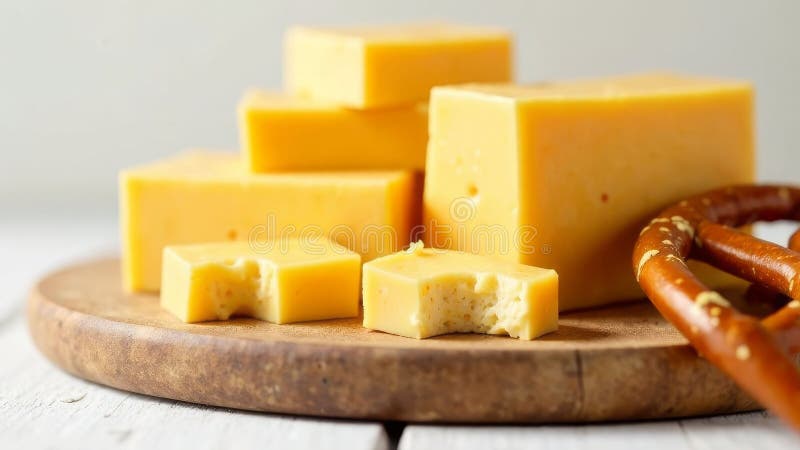 Assorted Cheddar Cheese Blocks with Pretzels on Wooden Board Stock ...