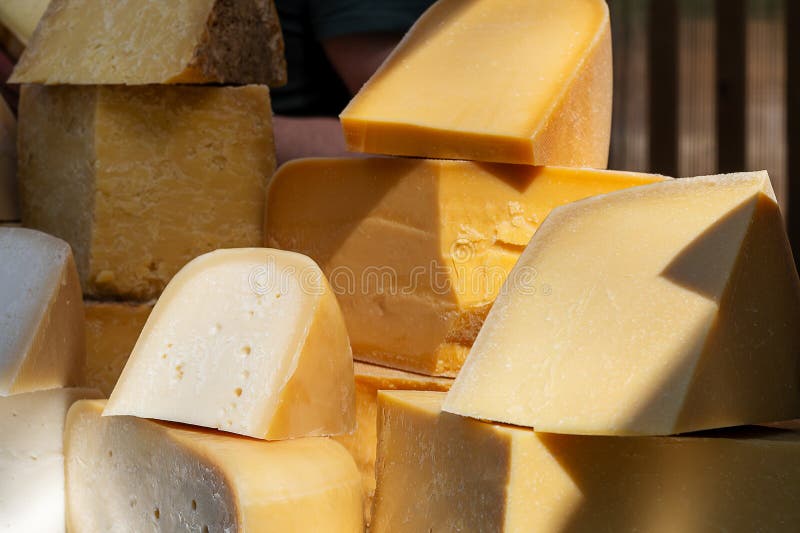 Assorted Cheese Blocks Displayed at Market Stall Stock Photo - Image of ...
