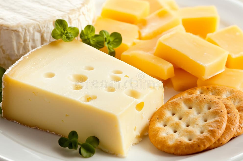Assorted Cheese Blocks and Slices with Crackers and Fresh Rosemary on ...
