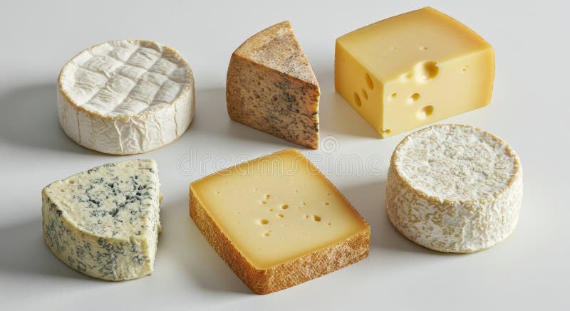 Assorted Cheese Collection Different Types and Shapes on White Surface ...