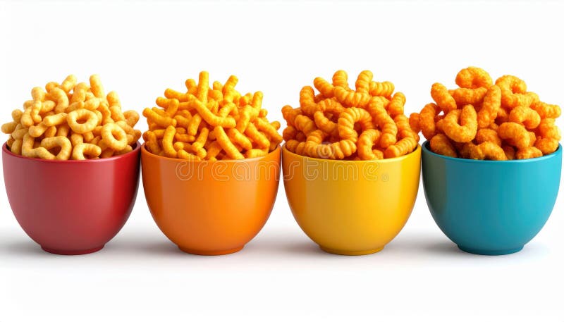 Assorted Cheese Flavored Puffs in Four Colorful Bowls on White ...
