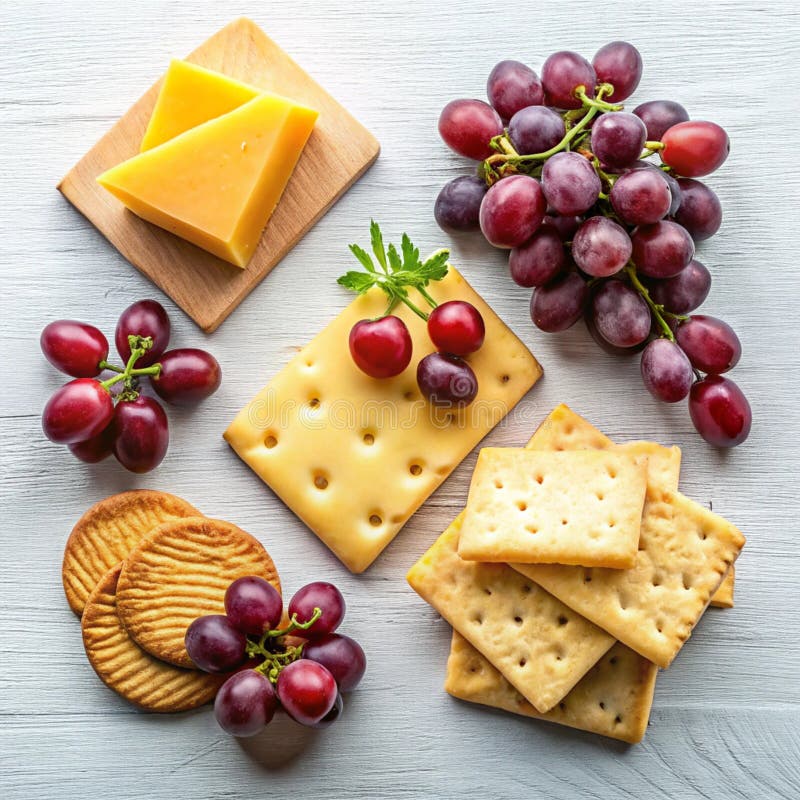 Assorted Cheese, Grapes, and Crackers on a Light Surface. Small Wedges ...