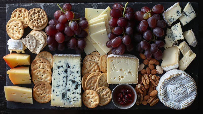 An Assorted Cheese Platter with Grapes, Crackers, Nuts, and Jam. Stock ...
