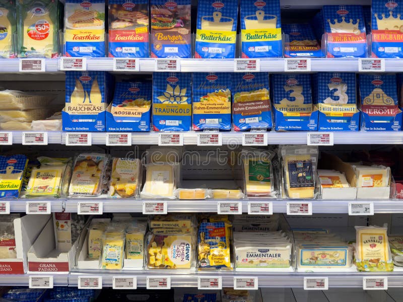 Assorted Cheese Selection on Supermarket Shelves with Various European ...