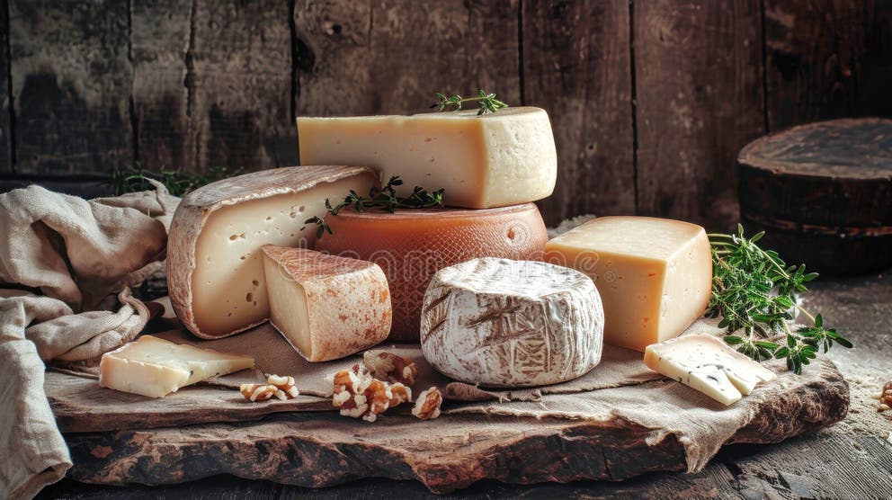 Assorted Cheese Stack on Wooden Table Stock Illustration - Illustration ...