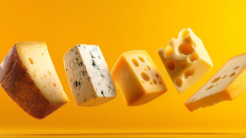 Assorted Cheese Varieties Floating Over a Vibrant Yellow Background ...
