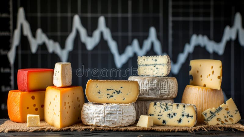Assorted Cheese Varieties with Stock Market Graph Background Stock ...