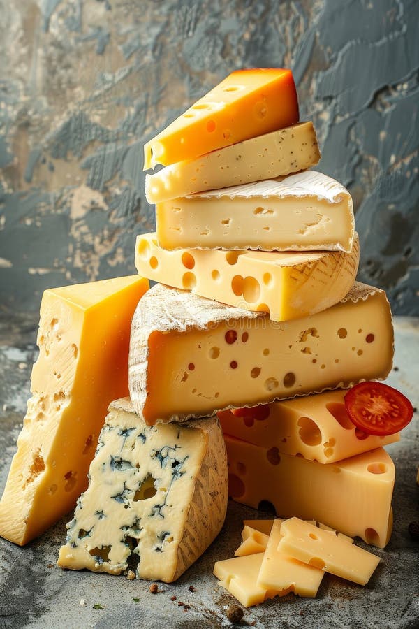 Assorted Cheese Variety Elegantly Stacked on Seamless White Background ...