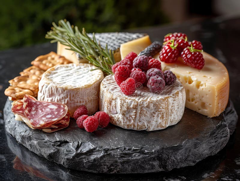 Assorted Cheeses and Appetizers on Black Stone Plate. Cheese Plate ...