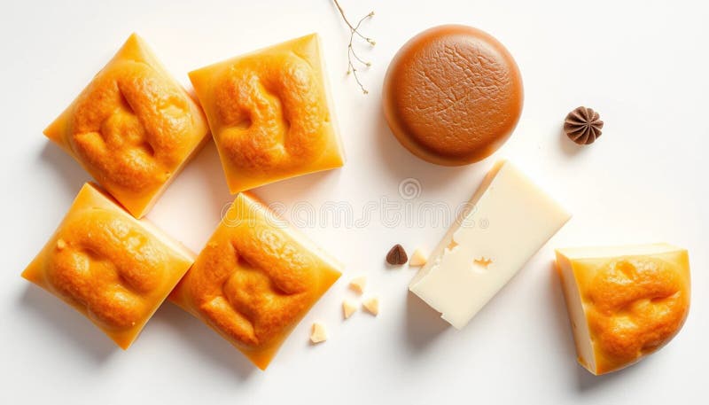 Assorted Cheeses Arranged on a White Surface. Five Square Blocks of ...