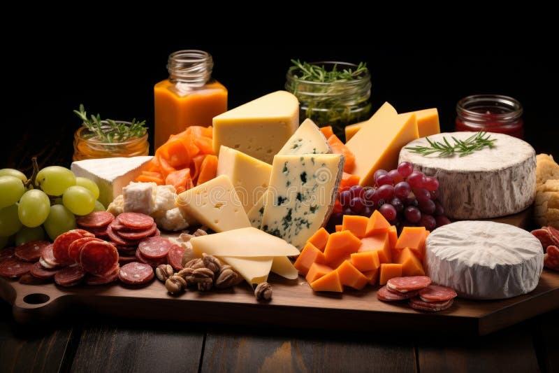 Assorted Cheeses Artfully Arranged on Rustic Wooden Table for Gourmet ...