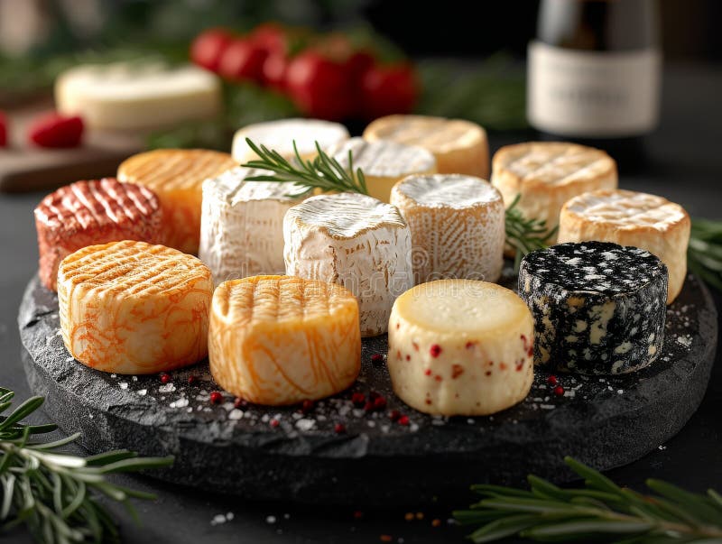 Assorted Cheeses on Black Stone Plate. Cheese Plate, Cheese Plateau ...