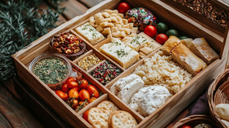 Assorted Cheeses and Crackers in Wooden Box Stock Illustration ...