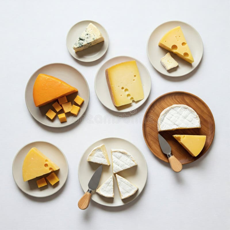 Top View of Various Types of Cheese on Plates, Knife and Fork on White ...