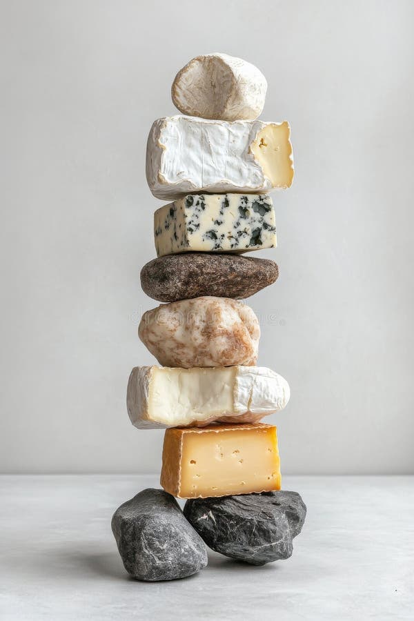 Assorted Cheeses Piled in a Tower, Featuring Contrasting Textures and ...