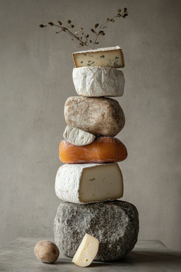 Assorted Cheeses Piled in a Tower, Featuring Contrasting Textures and ...