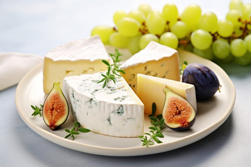 Assorted Cheeses on a Plate with Grapes and Figs. a Spring Food Concept ...