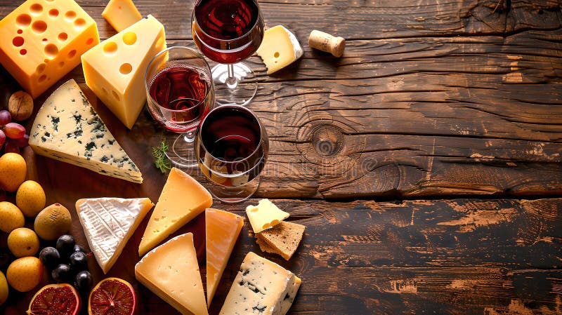Assorted Cheeses with Red Wine on a Rustic Wooden Table. Ideal for ...