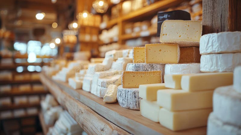 Assorted Cheeses Stacked on Shelves in a Cheese Shop. Stock Image ...