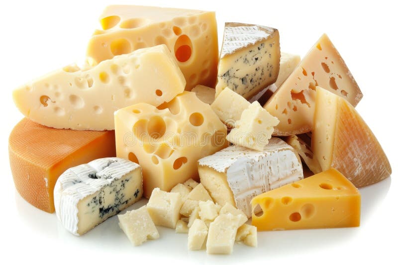 Assorted Cheeses of Various Types Stacked Together on a White ...