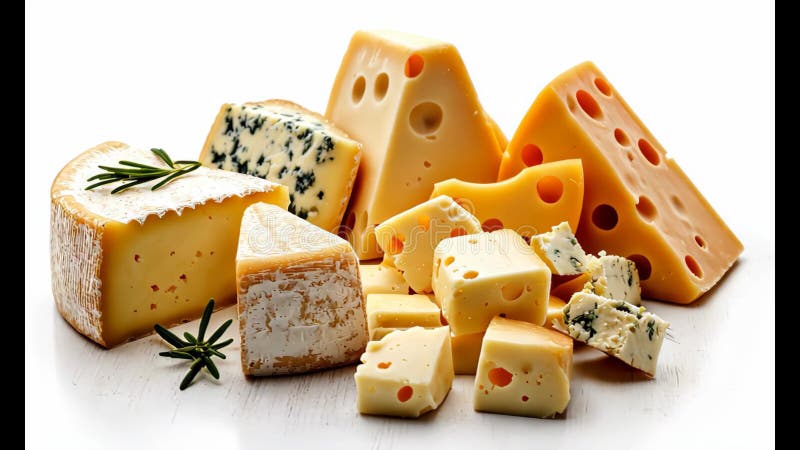 Assorted Cheeses on White Background with Fresh Herbs and Varieties ...