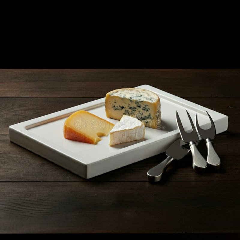 Assorted Cheeses on a White Rectangular Platter Include a Wedge of Blue ...