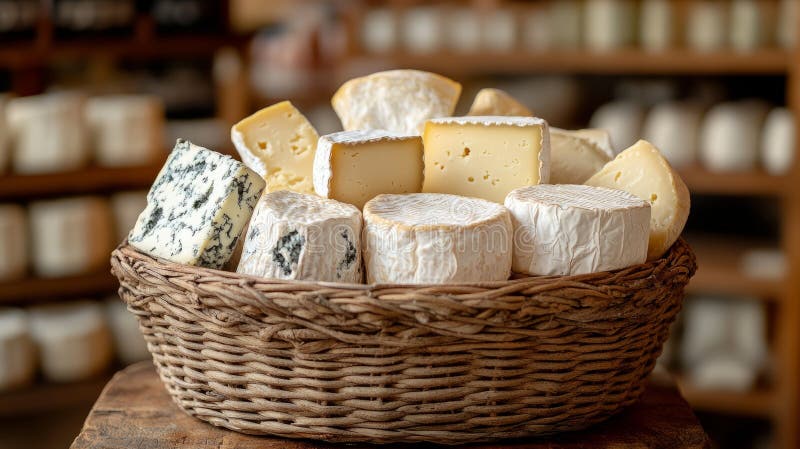 Assorted Cheeses Wicker Basket Wooden Table Stock Photos - Free ...