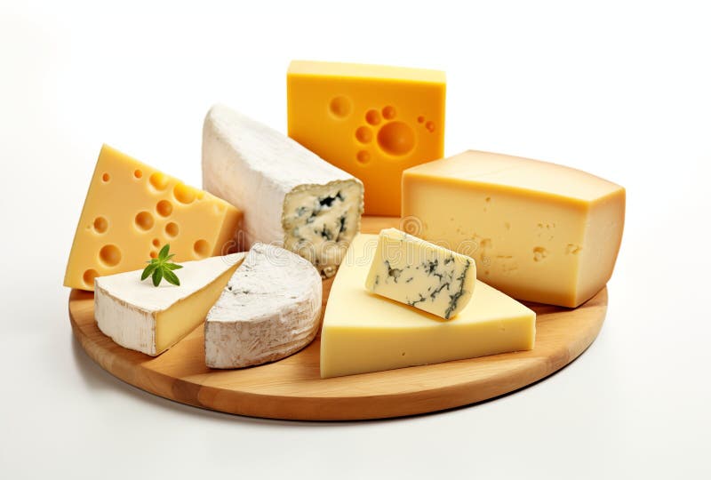 Assorted Cheeses on Wooden Board Isolated on White Background Stock ...