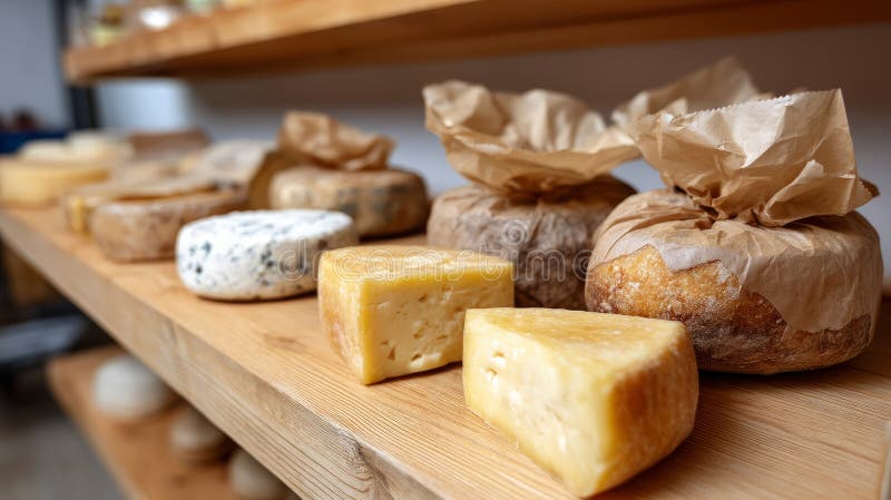Assorted Cheeses on a Wooden Shelf, Wrapped and Unwrapped. Stock Image ...