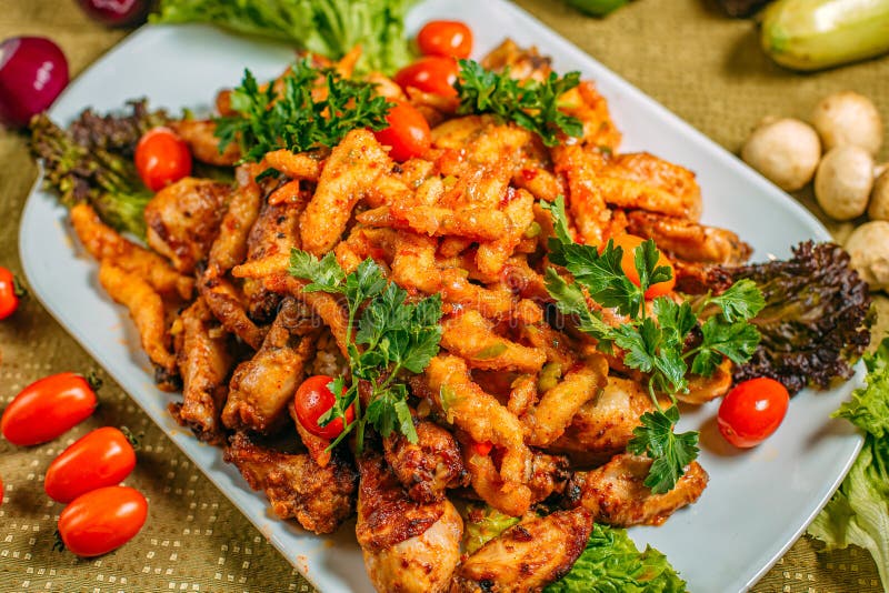 Assorted Chicken Meat and Sausages Roasting on Barbecue Grill Cooked ...