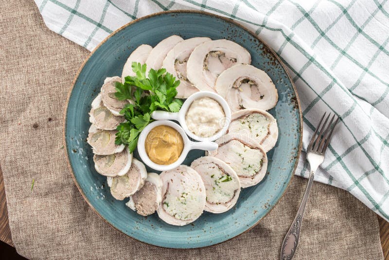 Assorted Chicken Meatloaf Roll Stuffed with Mustard and White Sauce on ...