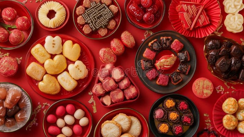 Assorted Chinese New Year Sweets and Treats on Red Background Stock ...