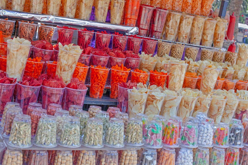 Assorted Chips and Fried Snacks (Botanas) at Fair in Mexico Stock Photo ...