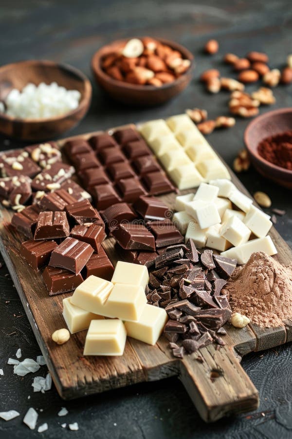 Assorted Chocolate Bars and Nuts on a Wooden Board. World Chocolate Day ...