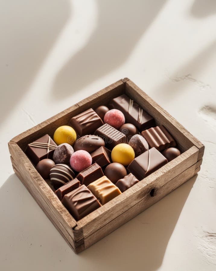 Assorted Chocolate Candies in Wooden Box. Stock Image - Image of sundry ...