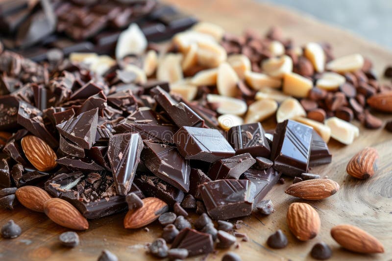 Assorted Chocolate Chunks and Nuts on Wooden Surface Stock Photo ...