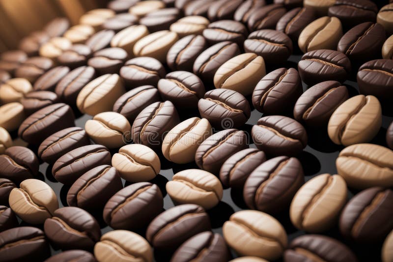 Assorted Chocolate Covered Coffee Beans in Rows on Glossy Surface Stock ...