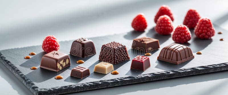 Assorted Chocolate Delicacies with Fresh Raspberries on Slate Surface ...