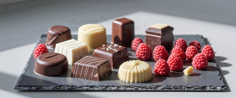 Assorted Chocolate Delicacies with Fresh Raspberries on Slate Surface. Stock Photo - Image of ...