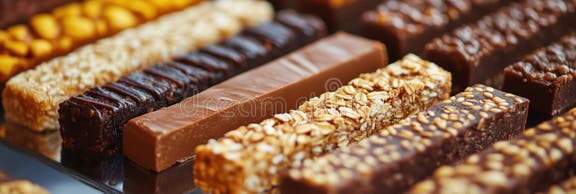Assorted Chocolate and Nut Bars Displayed in Rows, Featuring Varieties ...