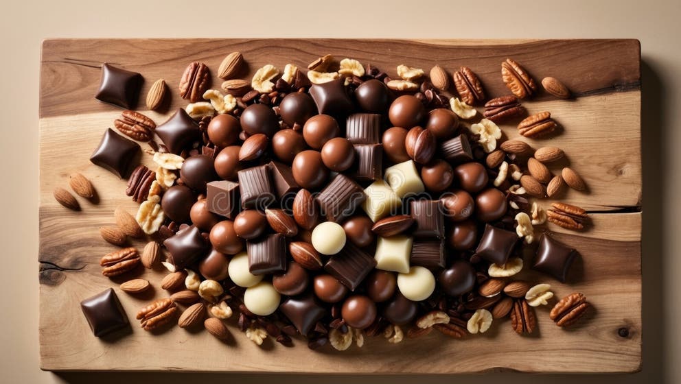 Assorted Chocolate and Nut Platter on Wooden Board. Stock Photo - Image ...