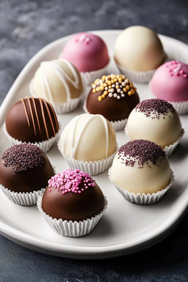 Assorted Chocolate Truffles on a White Plate for Dessert Delight Stock ...