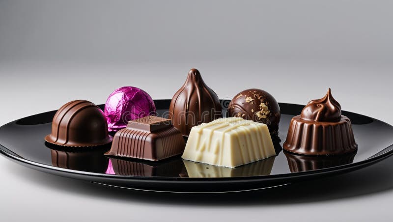 Assorted Chocolates Arranged on a Black Plate Stock Photo - Image of ...