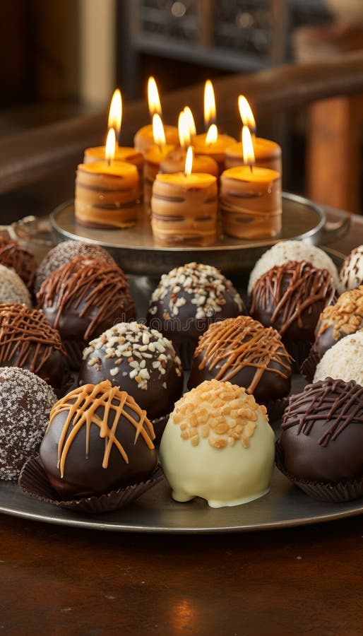 Assorted Chocolates on Bokeh Background, Candle Light, Vertical ...