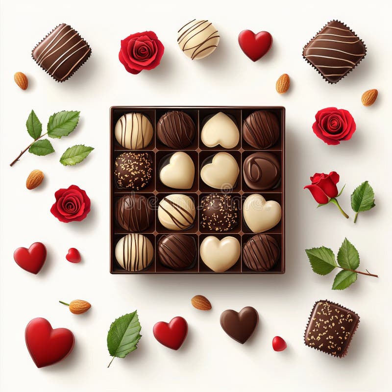 Assorted Chocolates in Box Surrounded by Red Roses and Almonds on White ...