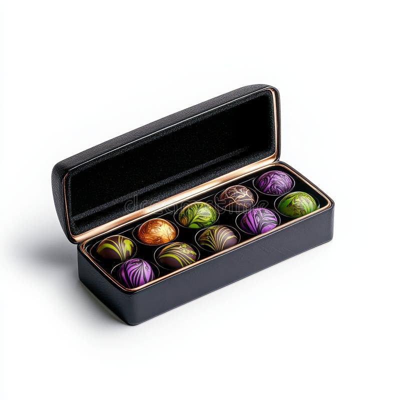 Assorted Chocolates in Elegant Black Copper Box Isolated on White ...