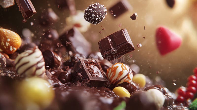 Assorted Chocolates Falling into Melted Dark Chocolate Stock ...
