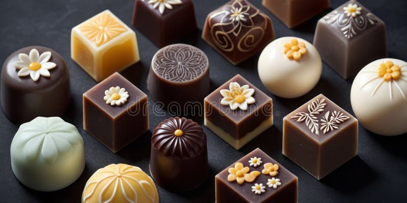 Assorted Chocolates with Intricate Designs on a Dark Surface Stock ...